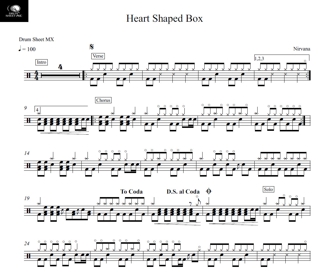 Heart Shaped Box - Nirvana - Drum Sheet Music - Drum Sheet MX – DrumSetSheetMusic