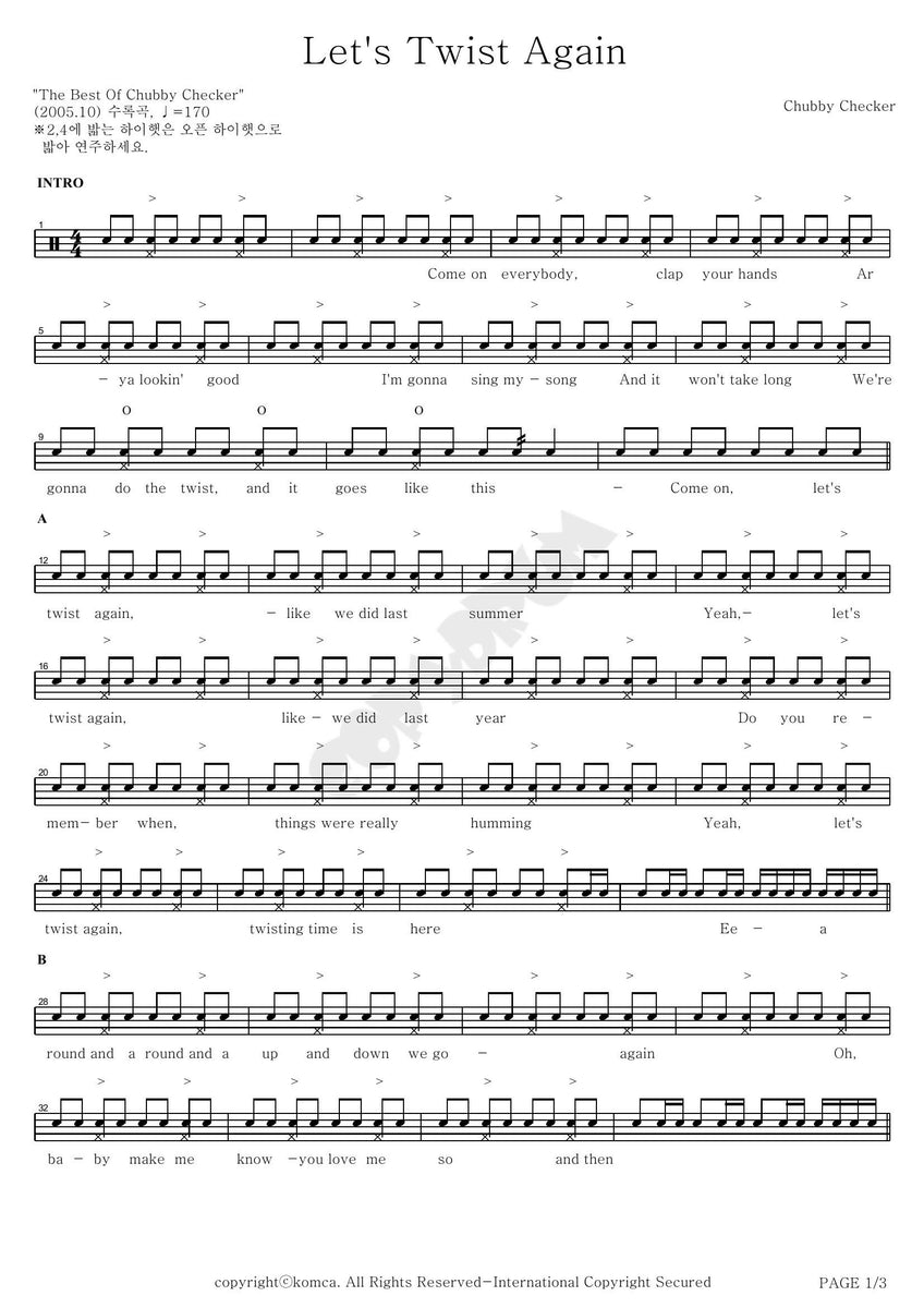 Let's Twist Again - Chubby Checker - Drum Sheet Music - COPYDRUM – DrumSetSheetMusic