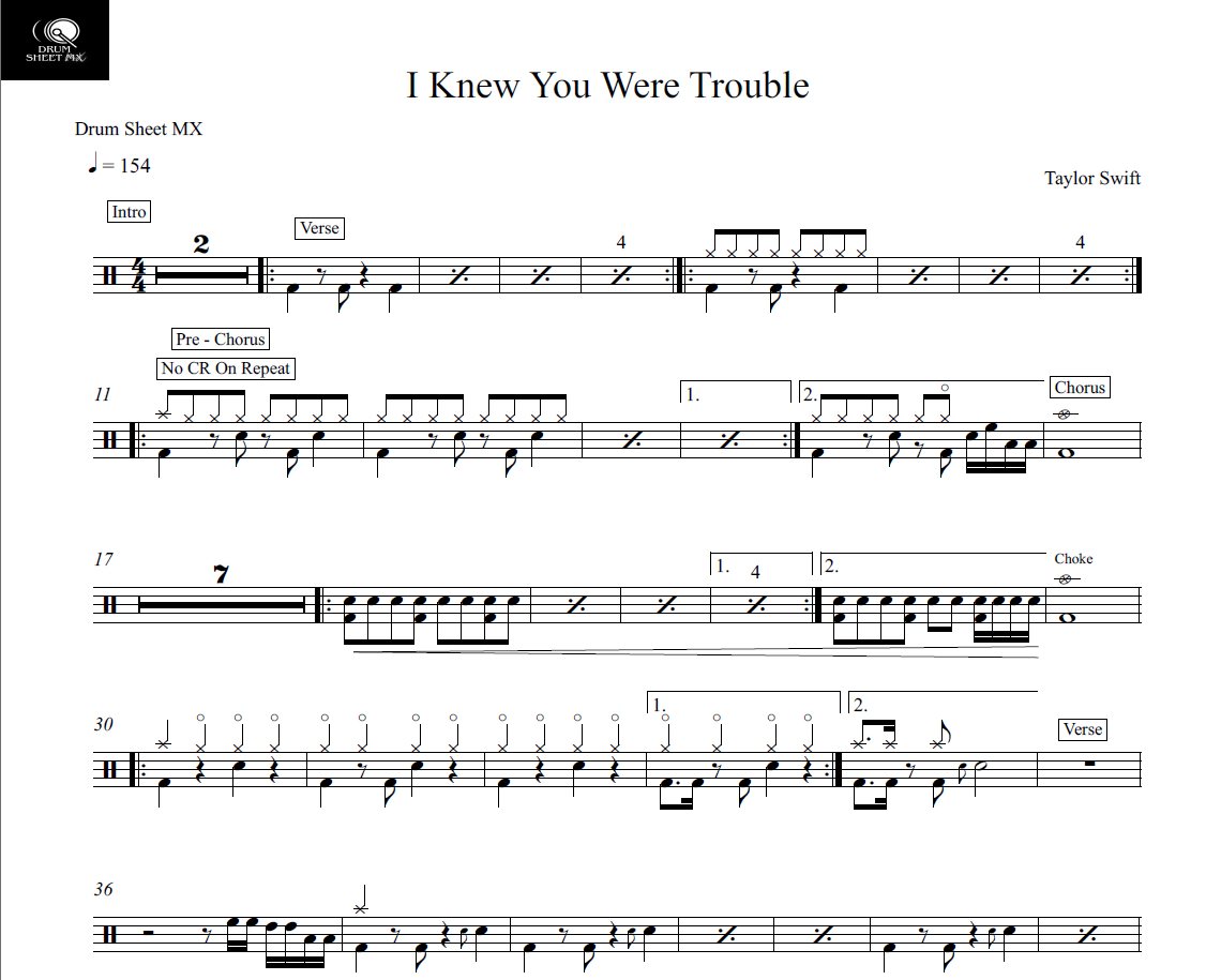 I Knew You Were Trouble - Taylor Swift - Drum Sheet Music - Drum Sheet ...