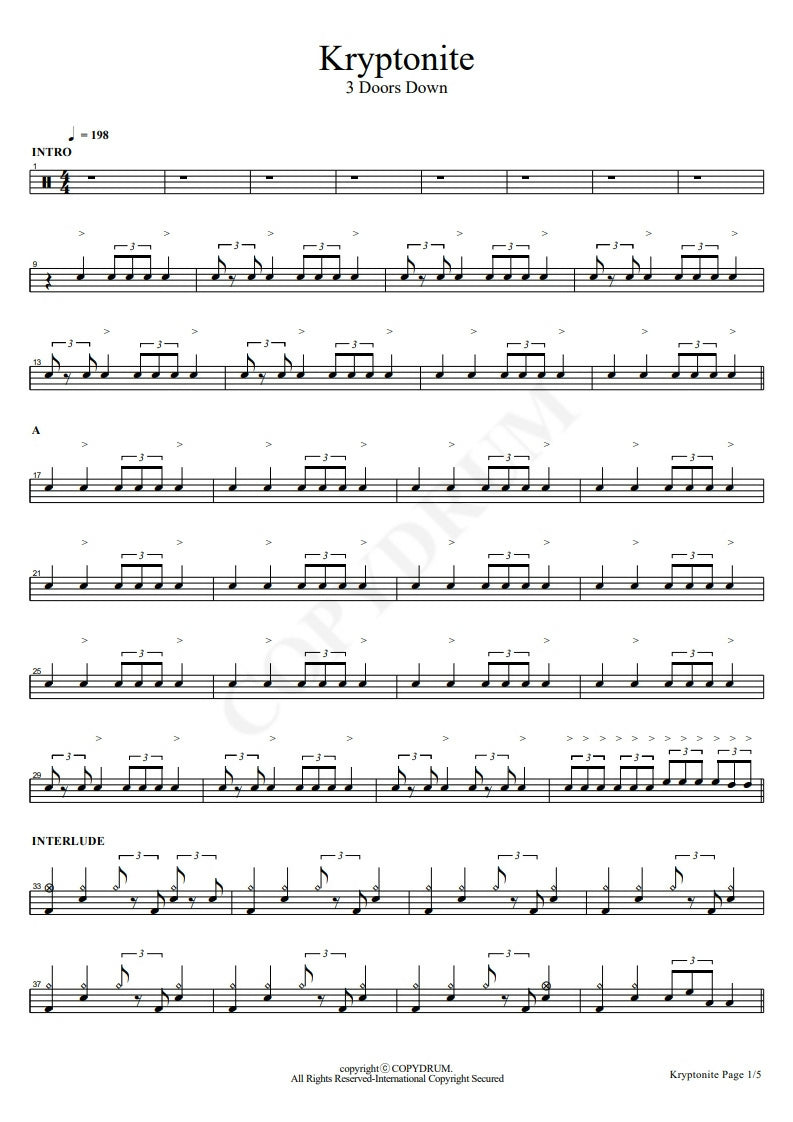 Kryptonite - 3 Doors Down - Drum Sheet Music - COPYDRUM – DrumSetSheetMusic