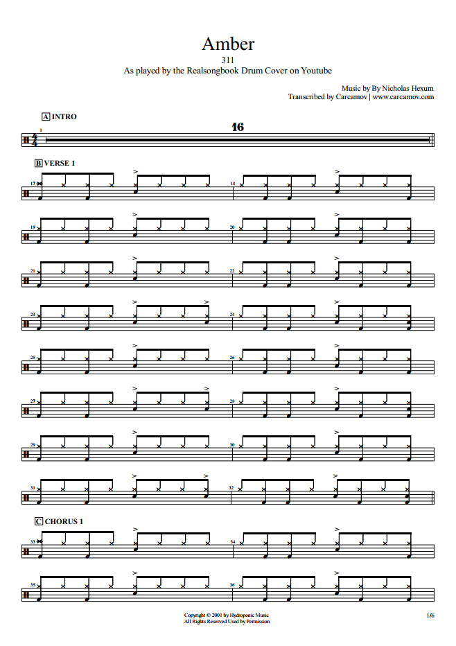 Amber - 311 - Drum Sheet Music - Realsongbook – DrumSetSheetMusic