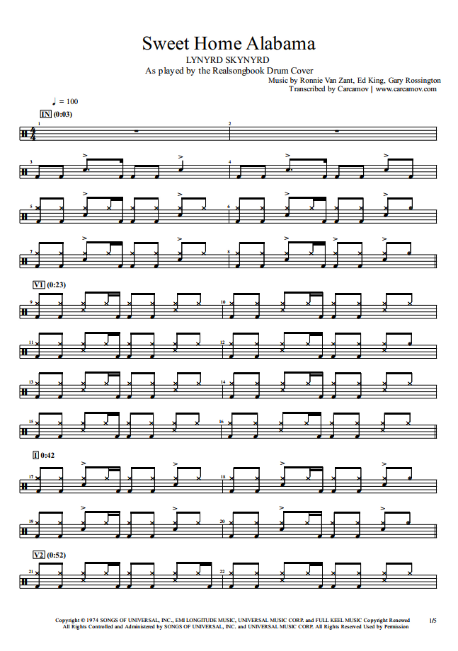 Sweet Home Alabama - Lynyrd Skynyrd - Drum Sheet Music - Realsongbook ...