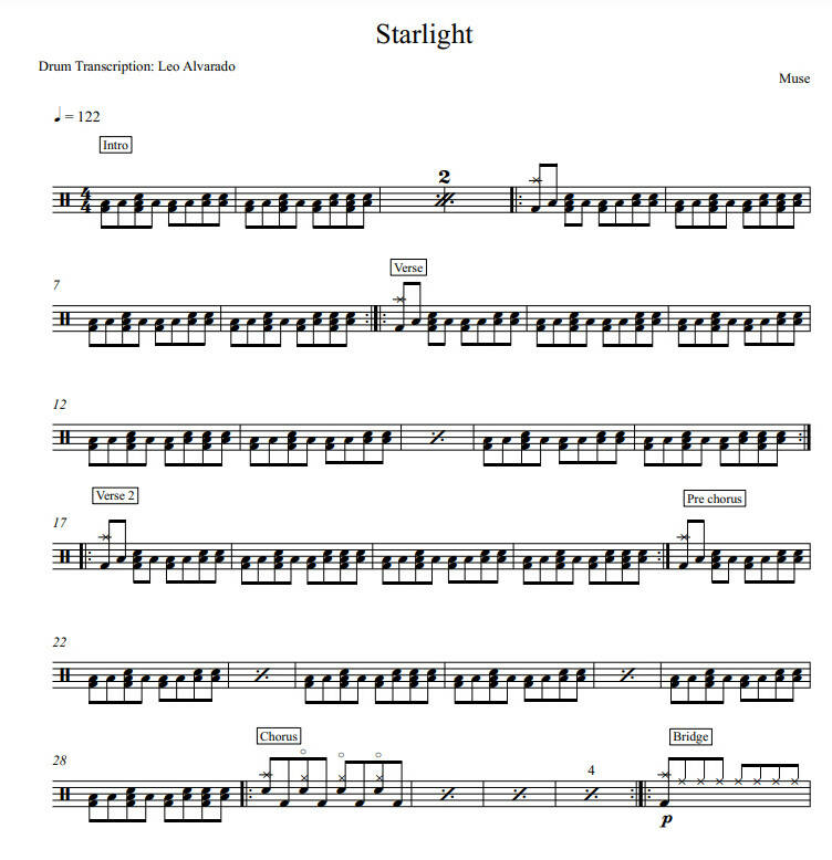 Starlight - Muse - Drum Sheet Music - Leo Alvarado – DrumSetSheetMusic