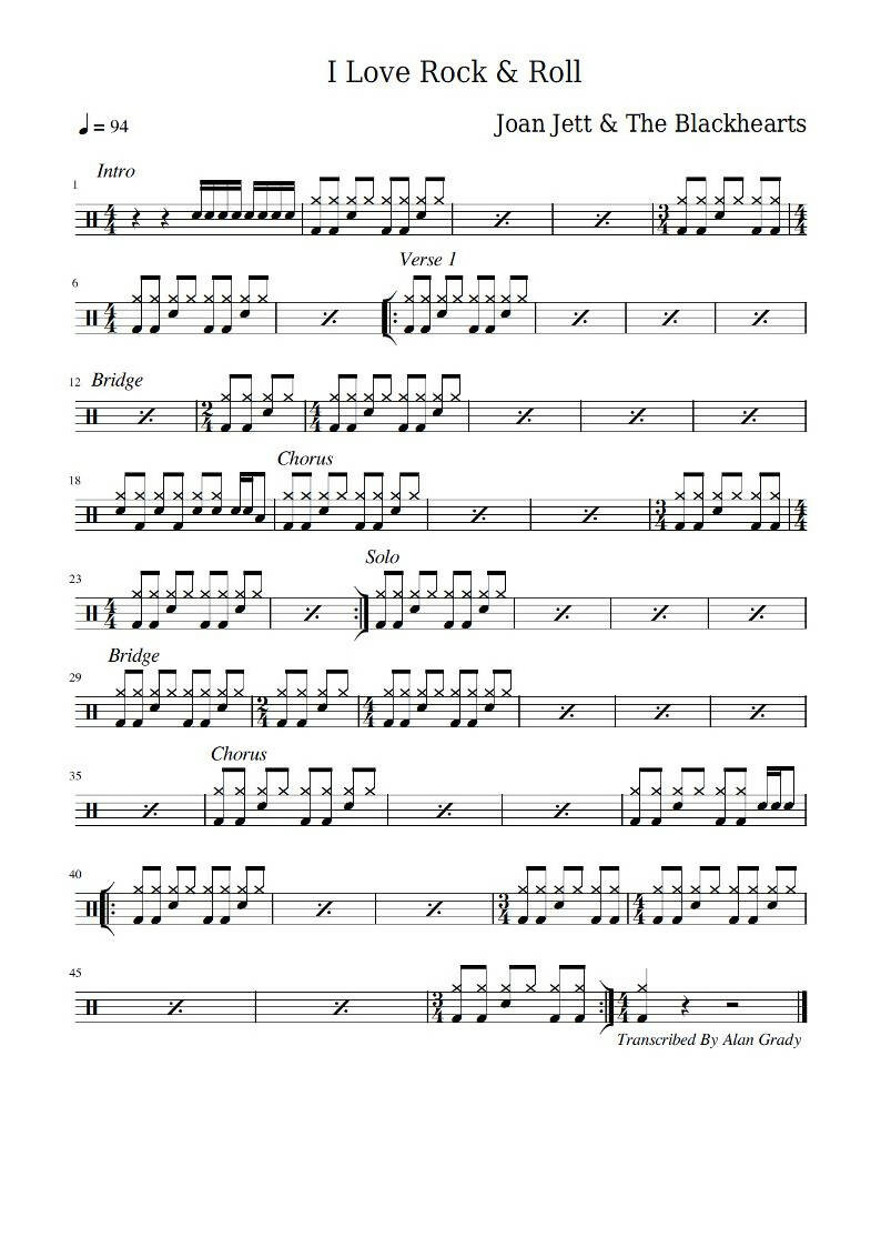 I Love Rock 'n' Roll - Joan Jett & The Blackhearts - Drum Sheet Music ...