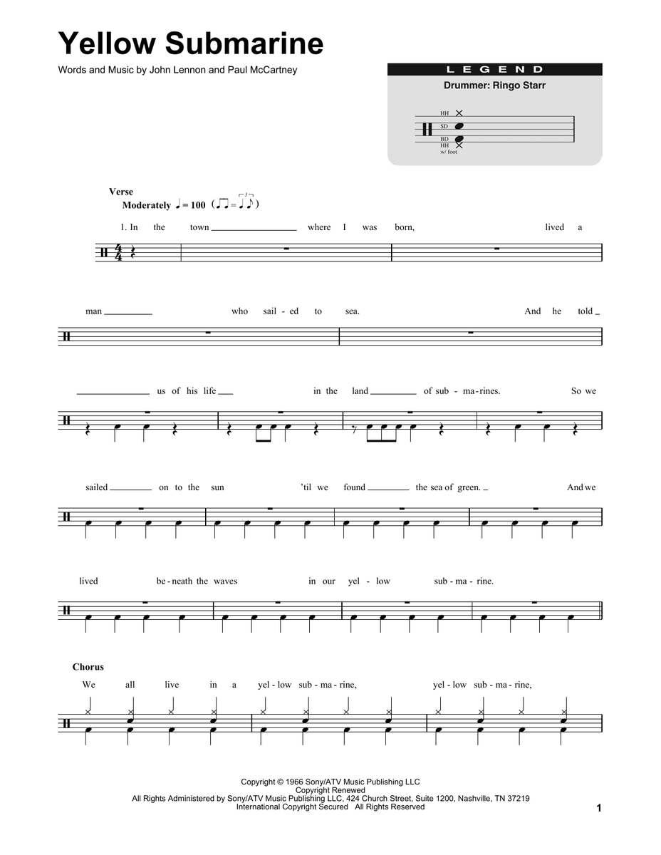 Yellow Submarine - The Beatles - Drum Sheet Music - SheetMusicDirect DT ...