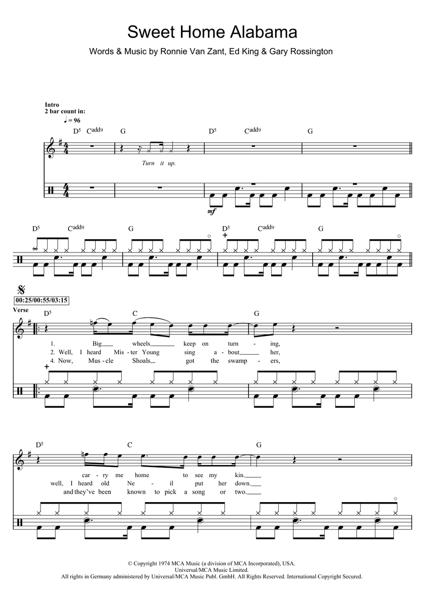 Sweet Home Alabama - Lynyrd Skynyrd - Drum Sheet Music ...