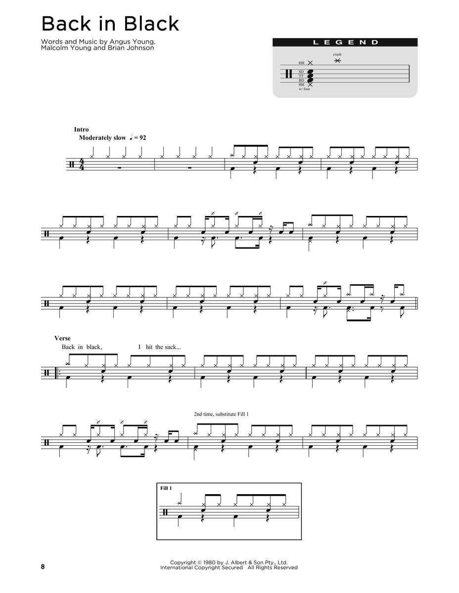 Back in Black - AC/DC - Drum Sheet Music - SheetMusicDirect D251328 ...