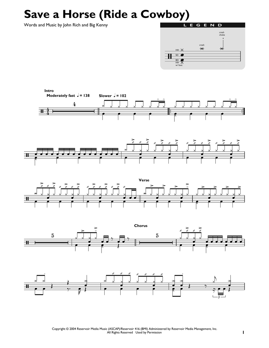 Save a Horse (Ride a Cowboy) - Big & Rich - Drum Sheet Music ...