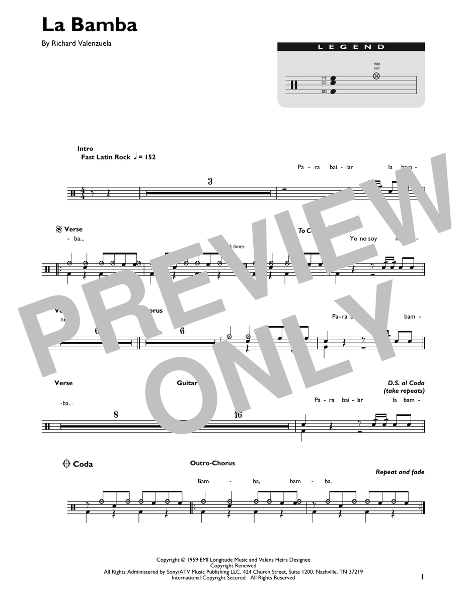 La Bamba - Ritchie Valens - Drum Sheet Music - SheetMusicDirect DT ...