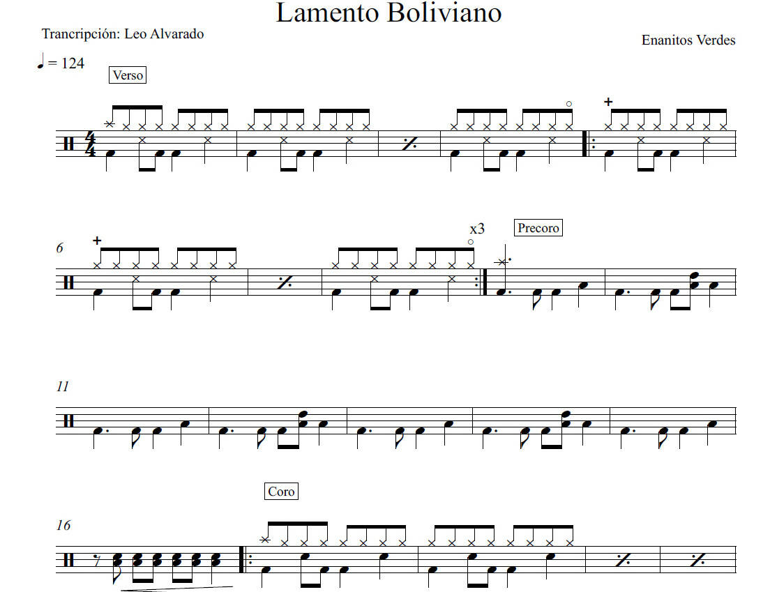 Lamento Boliviano - Enanitos Verdes - Drum Sheet Music - Leo Alvarado – DrumSetSheetMusic