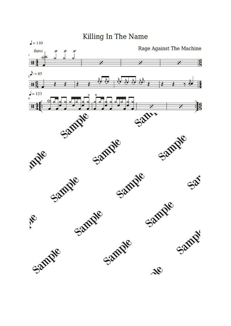 Killing in the Name - Rage Against the Machine - Drum Sheet Music ...