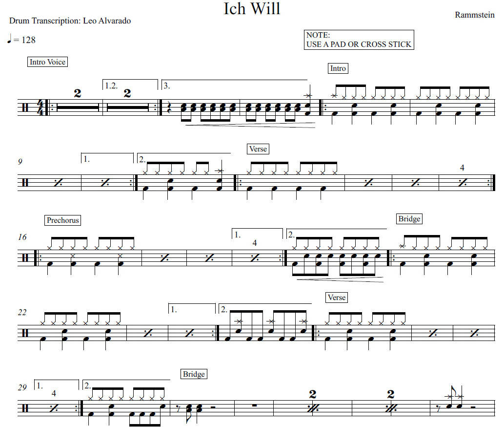 Ich Will - Rammstein - Drum Sheet Music - Leo Alvarado – DrumSetSheetMusic