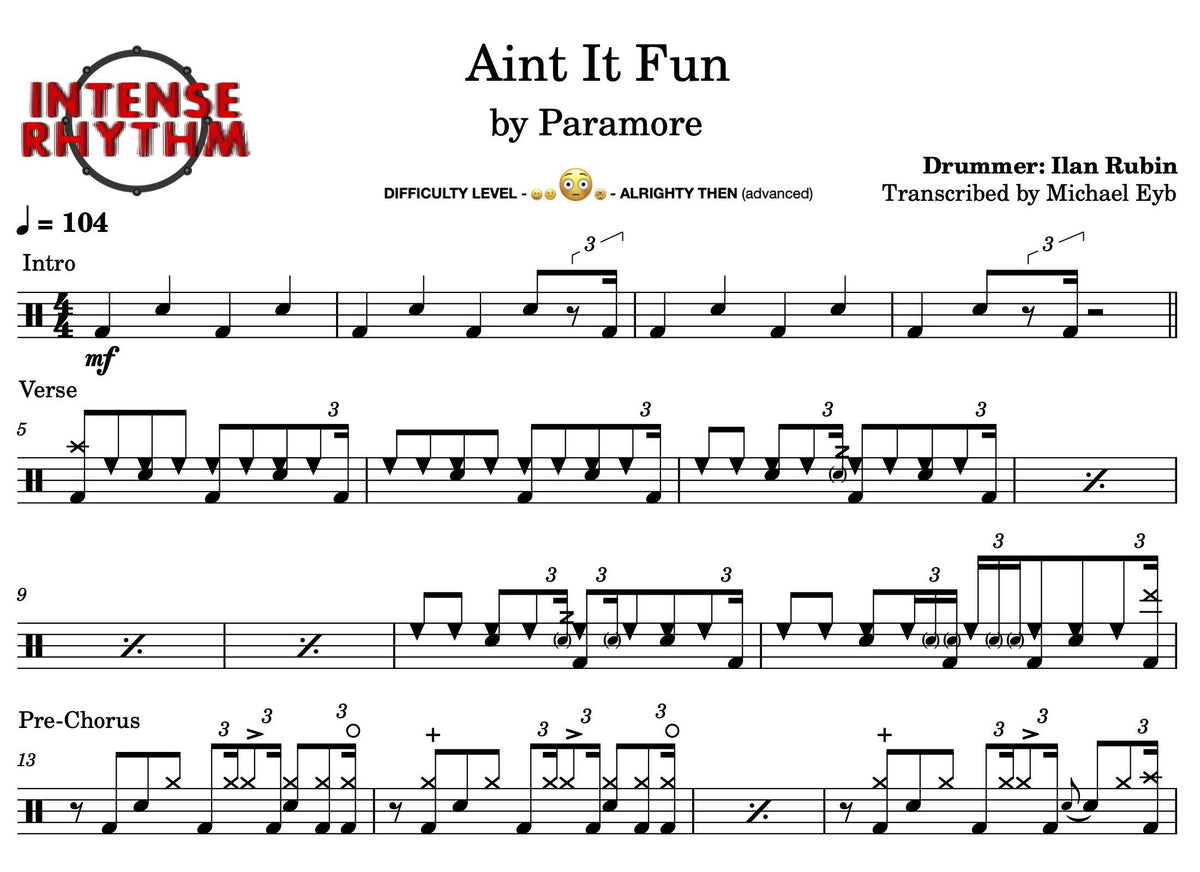 Aint It Fun - Paramore - Full Drum Transcription / Drum Sheet Music - – DrumSetSheetMusic