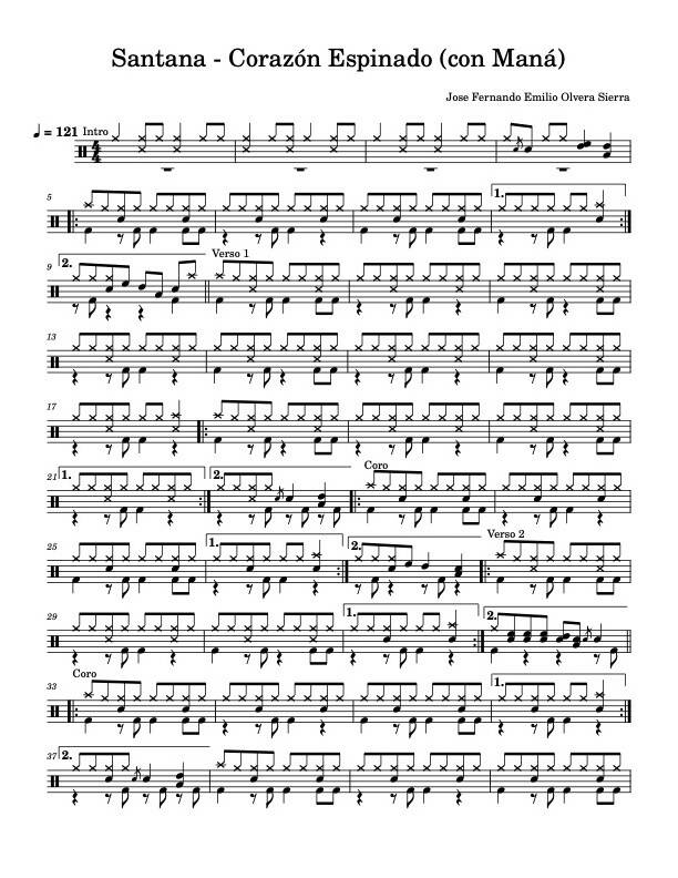 Corazón Espinado (feat. Maná) - Santana - Drum Sheet Music - Carlos ...