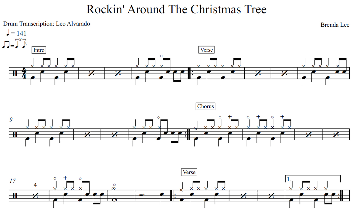 Rockin' Around the Christmas Tree - Brenda Lee - Drum Sheet Music - Leo ...