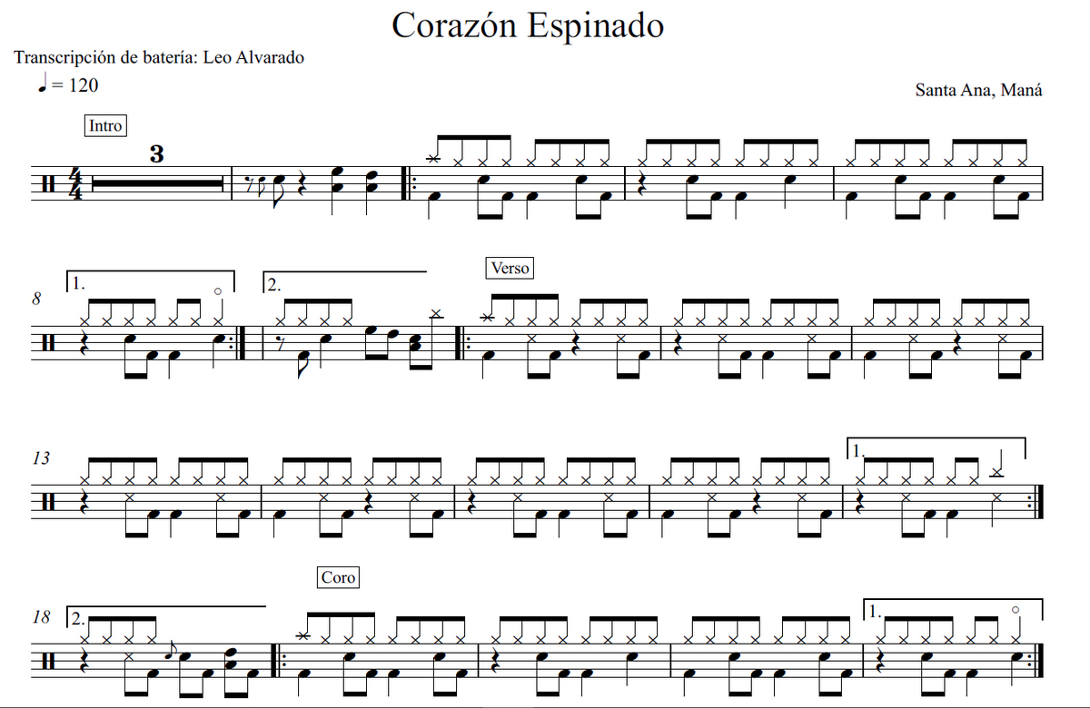 Corazón Espinado (feat. Maná) - Santana - Drum Sheet Music - Leo ...
