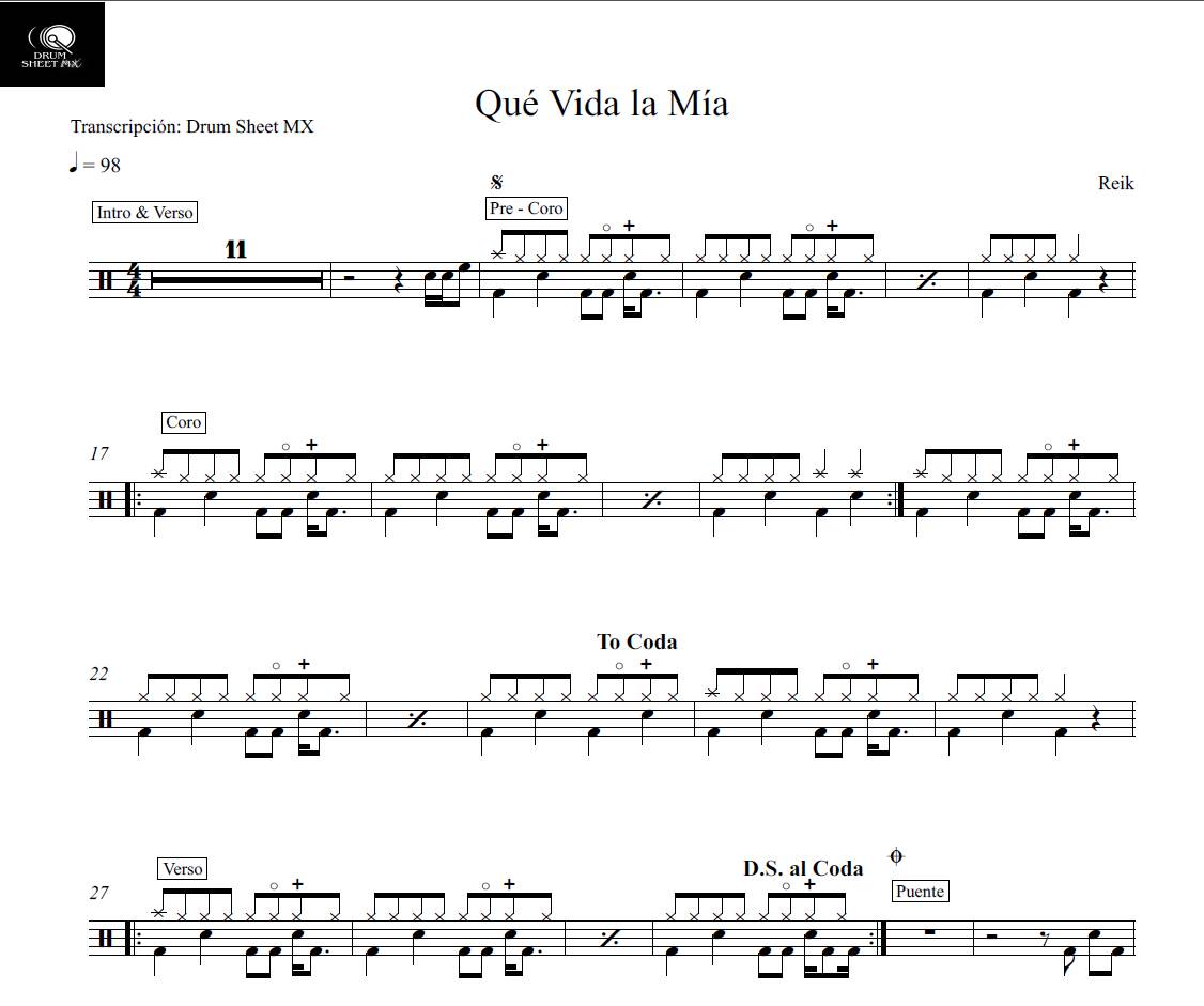 Qué Vida la Mía - Reik - Drum Sheet Music - Drum Sheet MX ...