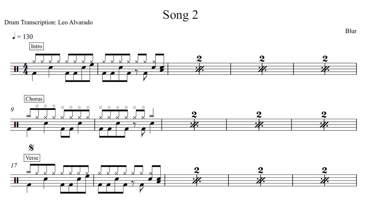 Song 2 - Blur - Drum Sheet Music - Leo Alvarado – DrumSetSheetMusic
