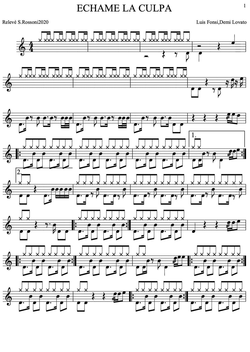 Échame La Culpa - Luis Fonsi & Demi Lovato - Drum Sheet Music - Rossoni ...