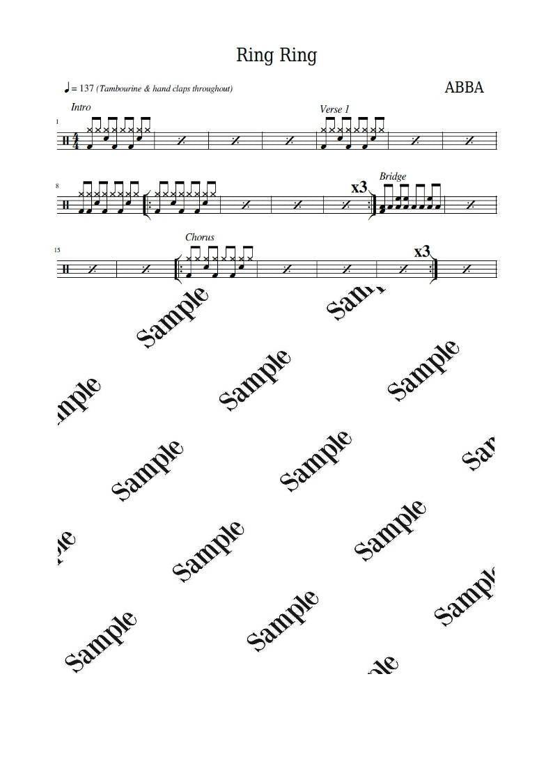 Ring Ring - ABBA - Drum Sheet Music - KiwiDrums – DrumSetSheetMusic