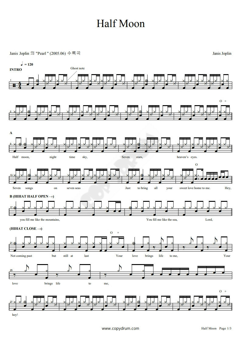 Half Moon - Janis Joplin - Drum Sheet Music - COPYDRUM – DrumSetSheetMusic