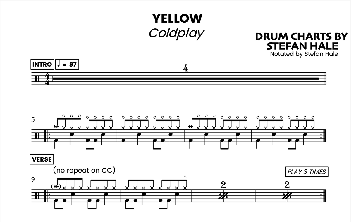 Yellow - Coldplay - Drum Sheet Music - Stefan – DrumSetSheetMusic