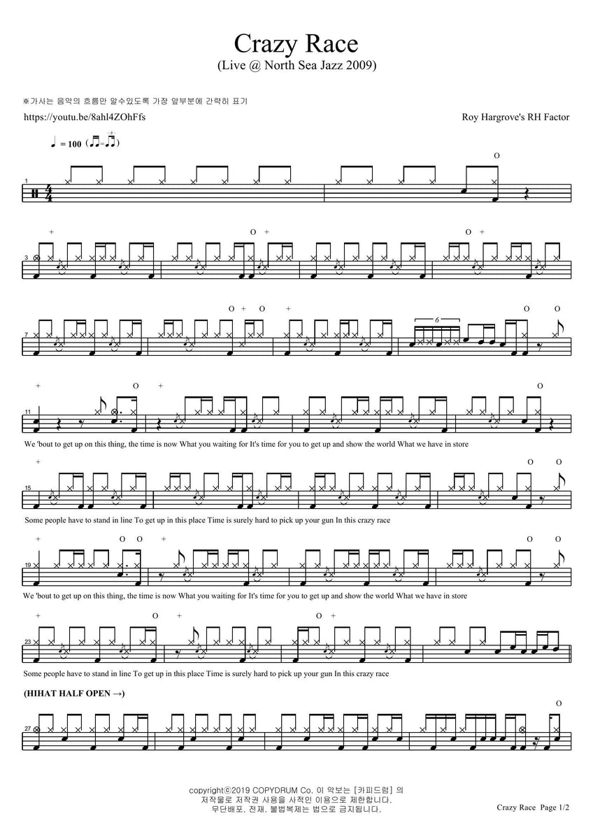 Crazy Race - Roy Hargrove's RH Factor - Drum Sheet Music - COPYDRUM ...