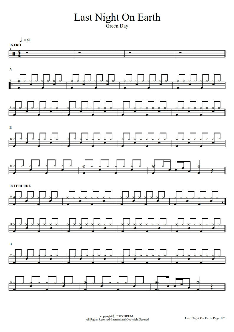 Last Night on Earth - Green Day - Drum Sheet Music - COPYDRUM ...