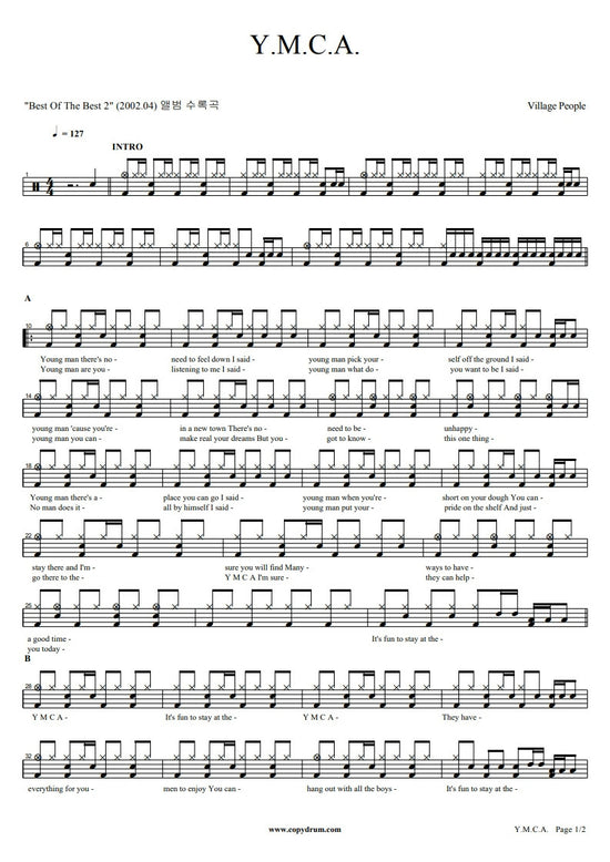 YMCA - Village People - Drum Sheet Music - COPYDRUM – DrumSetSheetMusic