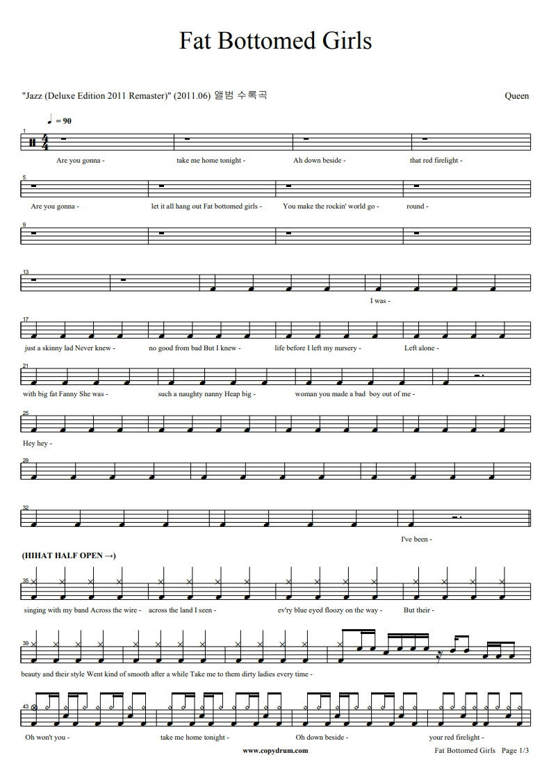 Fat Bottomed Girls - Queen - Drum Sheet Music - COPYDRUM ...