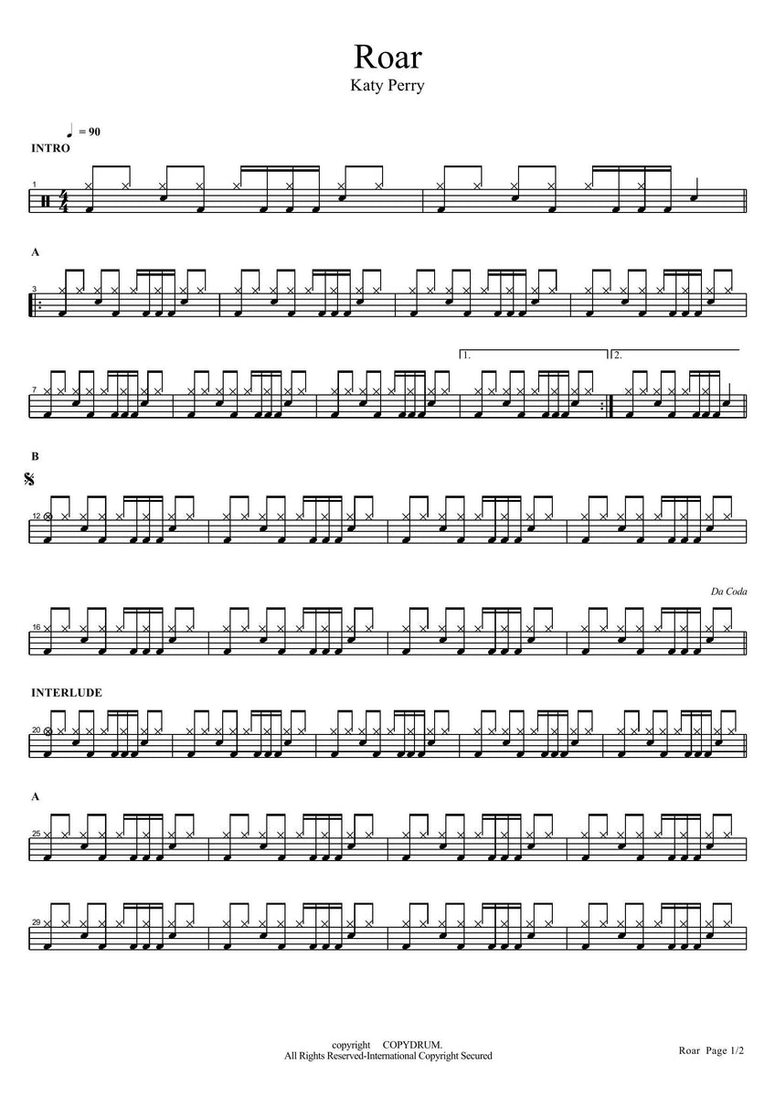 Roar - Katy Perry - Full Drum Transcription / Drum Sheet Music - COPYD ...