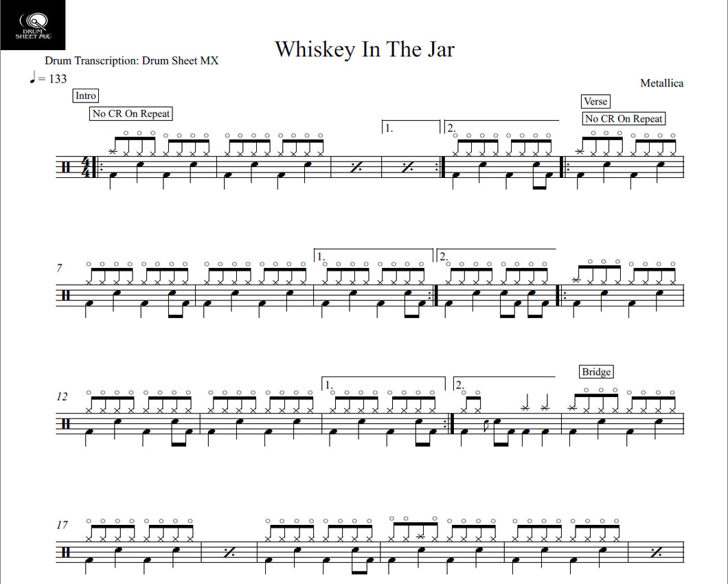 Whiskey in the Jar - Metallica - Drum Sheet Music - Drum Sheet MX ...