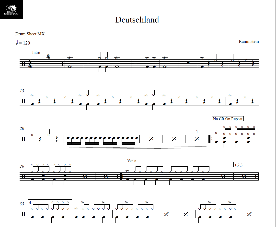 Deutschland - Rammstein - Drum Sheet Music - Drum Sheet MX ...