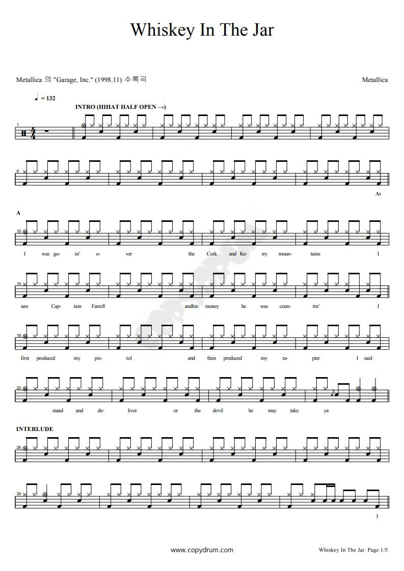 Whiskey in the Jar - Metallica - Drum Sheet Music - COPYDRUM ...