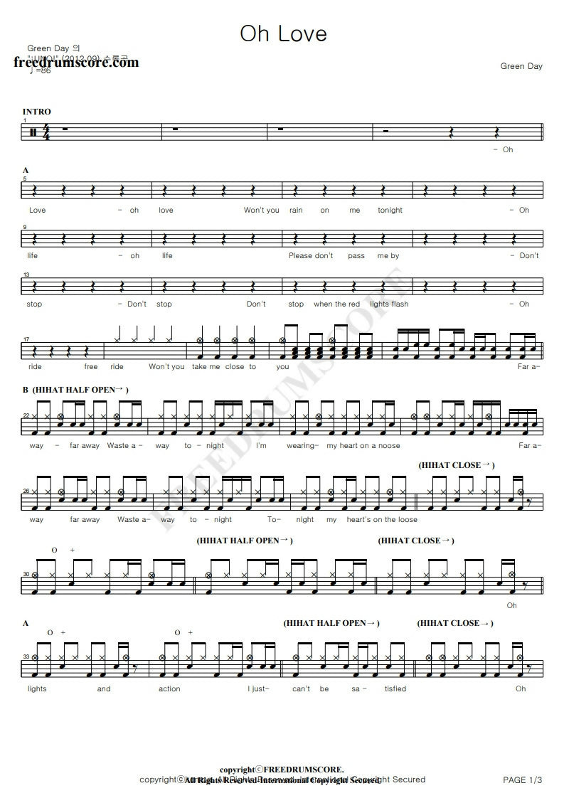Oh Love - Green Day - Drum Sheet Music - COPYDRUM – DrumSetSheetMusic