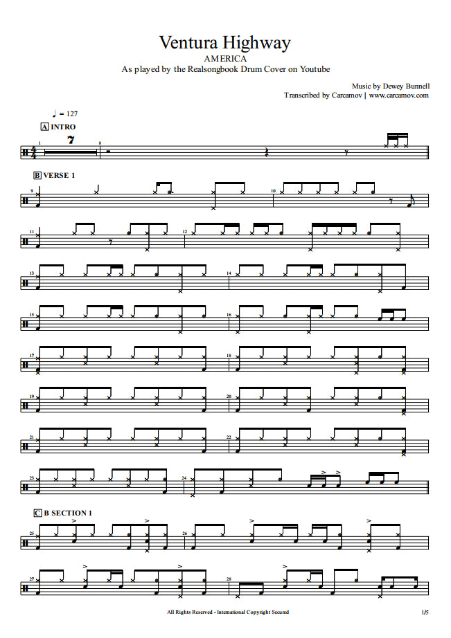 Ventura Highway - America - Drum Sheet Music - Realsongbook ...