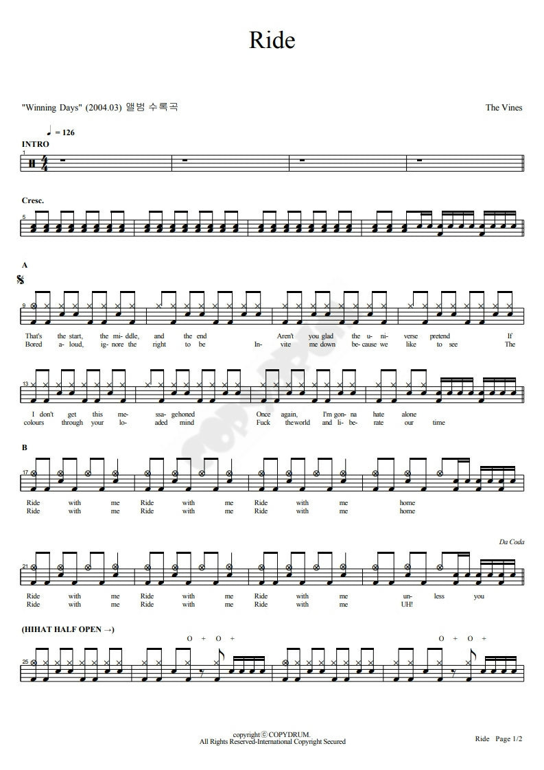 Ride - The Vines - Drum Sheet Music - COPYDRUM – DrumSetSheetMusic