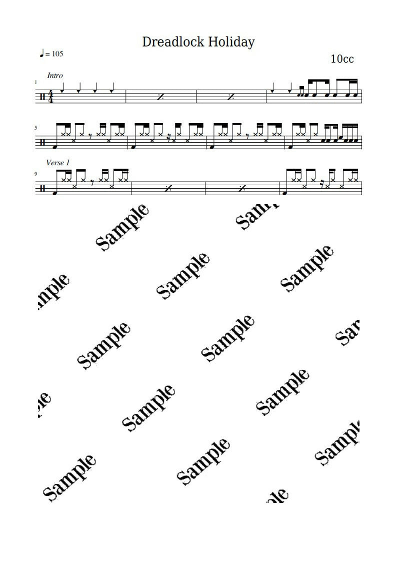 Dreadlock Holiday - 10CC - Drum Sheet Music - KiwiDrums – DrumSetSheetMusic