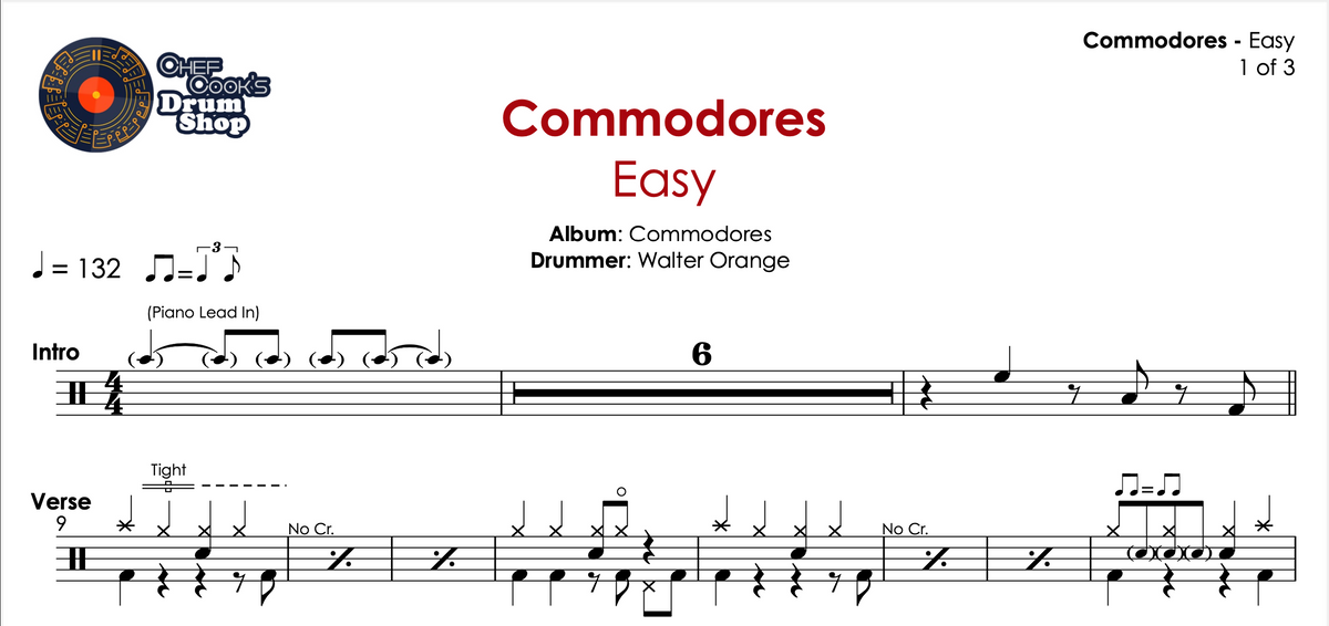 Easy - Commodores - Drum Sheet Music - Chef Cook – DrumSetSheetMusic