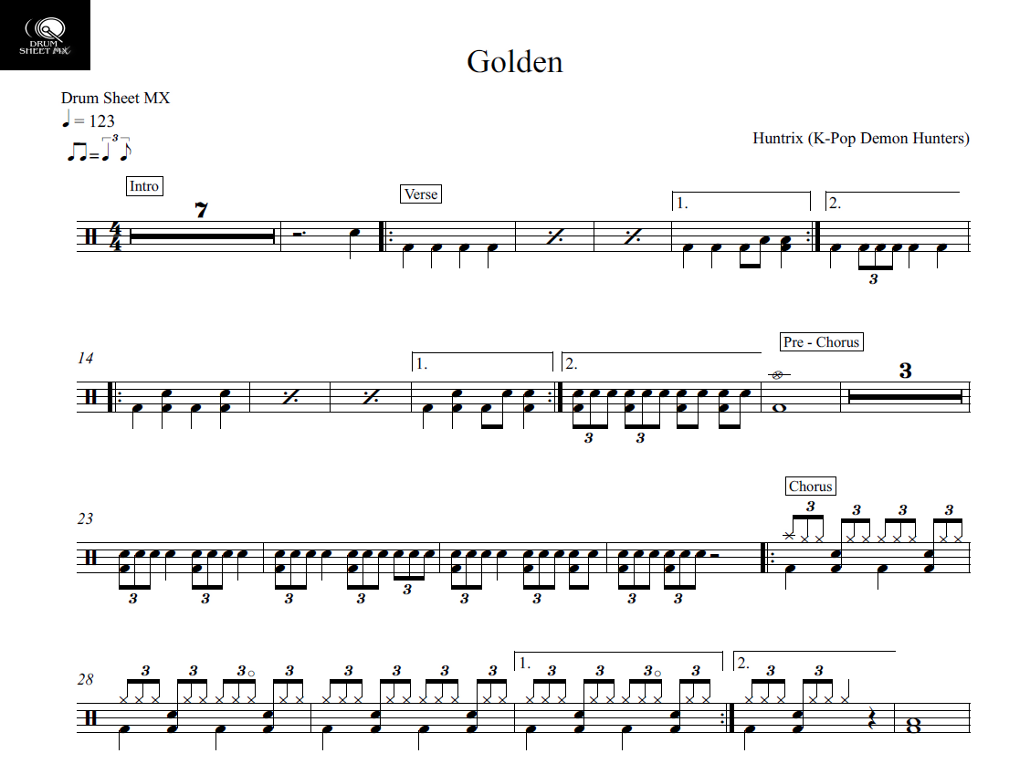 Golden (Huntrix) - KPop Demon Hunters - Drum Sheet Music - Drum Sheet MX – DrumSetSheetMusic