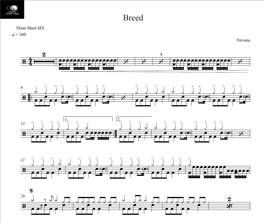 Breed - Nirvana - Drum Sheet Music - Drum Sheet MX – DrumSetSheetMusic