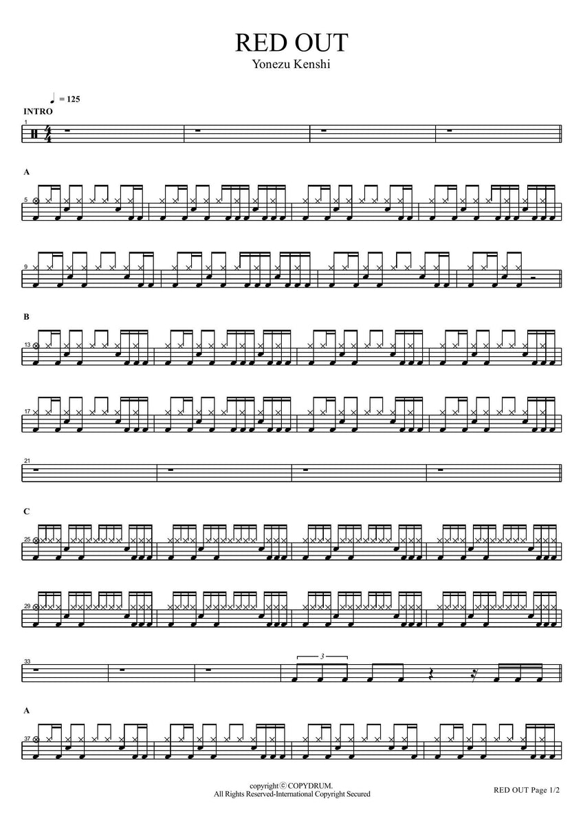 RED OUT - Yonezu Kenshi - Full Drum Transcription / Drum Sheet Music ...