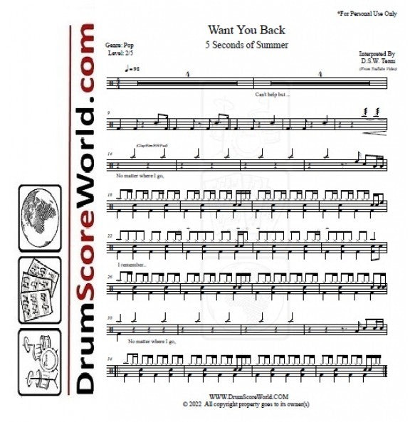 Want You Back - 5 Seconds of Summer - Drum Sheet Music - DrumScoreWorld ...