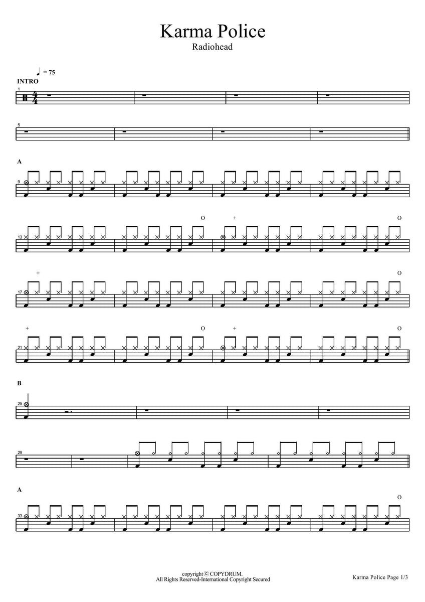 Karma Police - Radiohead - Full Drum Transcription / Drum Sheet Music ...