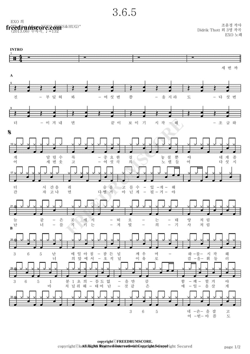 365 (365) - EXO (엑소) - Full Drum Transcription / Drum Sheet Music - CO ...