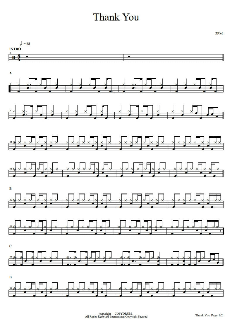 Thank You - 2PM (투피엠) - Drum Sheet Music - COPYDRUM – DrumSetSheetMusic