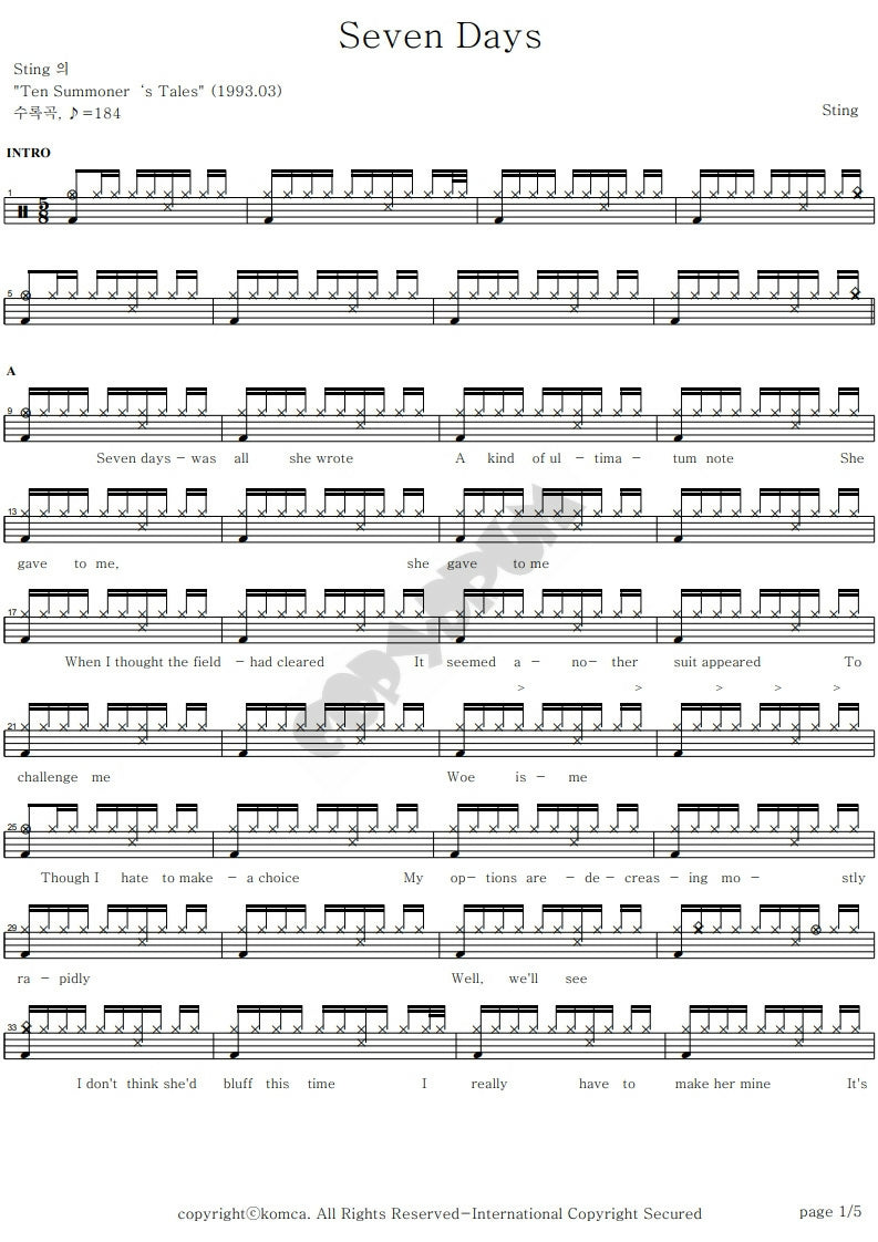Seven Days - Sting - Drum Sheet Music - COPYDRUM – DrumSetSheetMusic