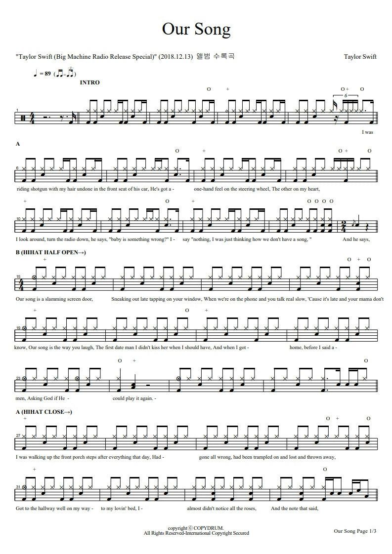 Our Song - Taylor Swift - Drum Sheet Music - COPYDRUM – DrumSetSheetMusic