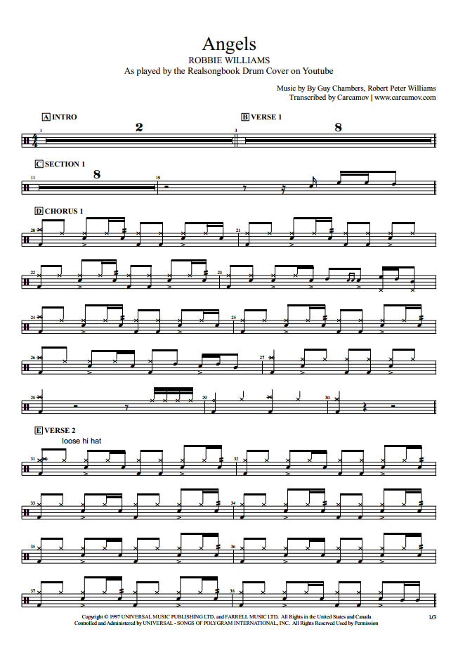 Angels - Robbie Williams - Drum Sheet Music - Realsongbook ...