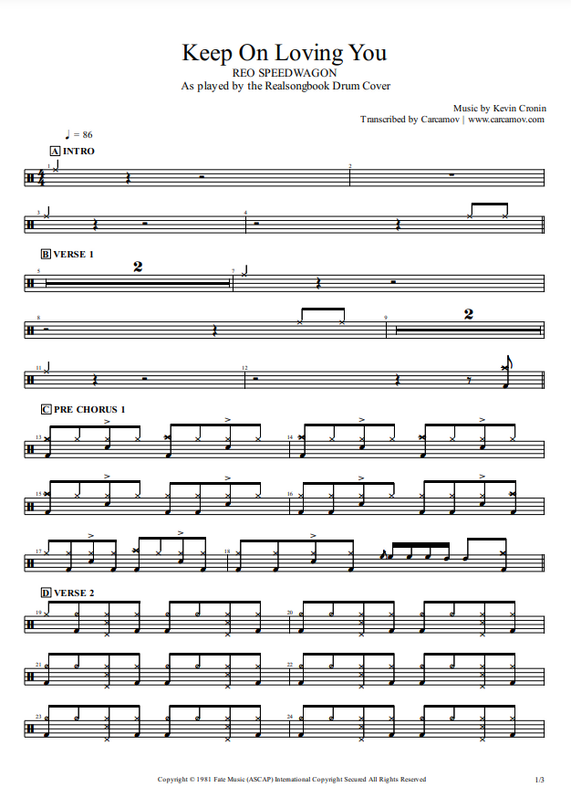 Keep on Loving You - REO Speedwagon - Drum Sheet Music - Realsongbook ...